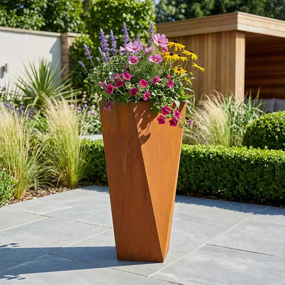 100cm Geometric Tall Square Corten Steel Planter with Feet – Woven Wood