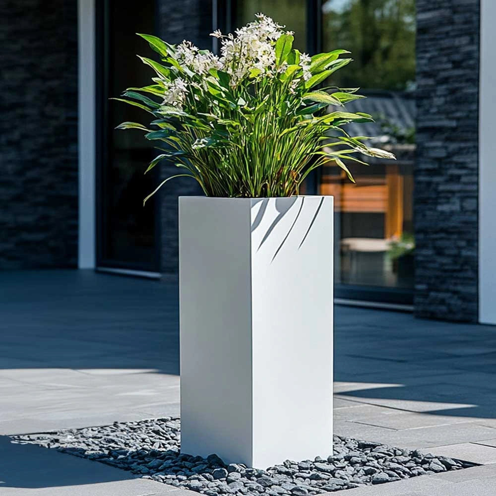 100cm Zinc Matte White Tall Square Planter – Woven Wood