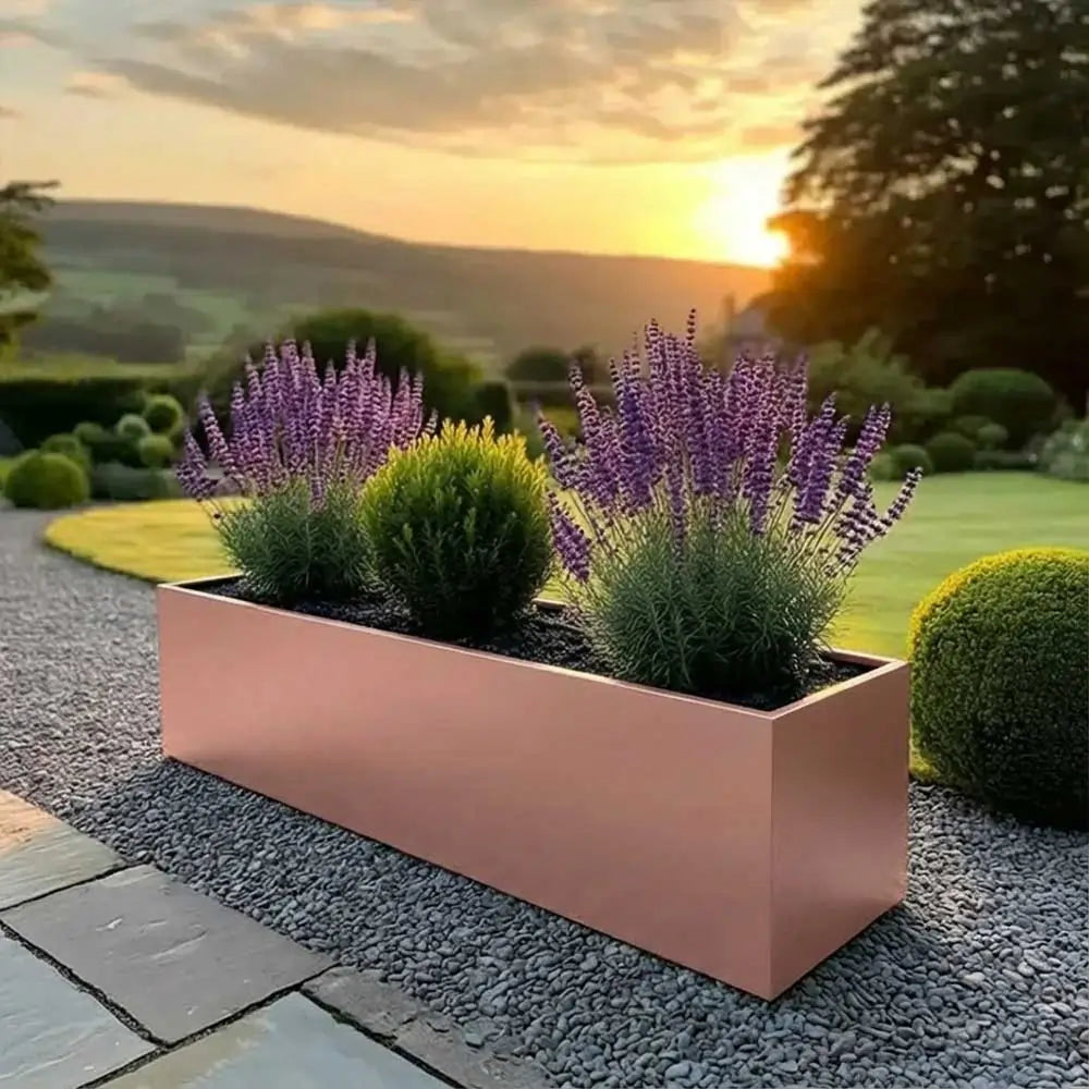 100cm Zinc Galvanised Rose Gold Trough Planter – Woven Wood