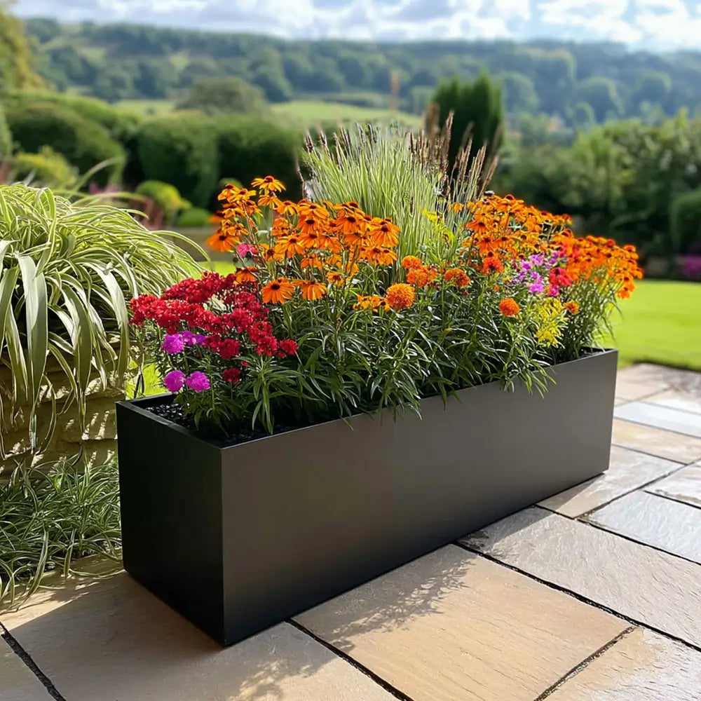 120cm Zinc Matte Black Trough Planter – Woven Wood