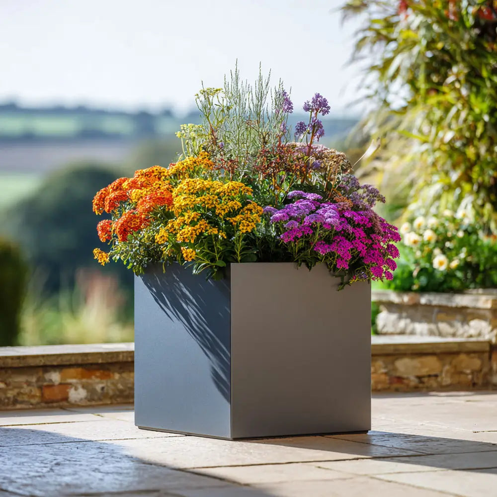 30cm Zinc Galvanised Matte Grey Square Planter – Woven Wood