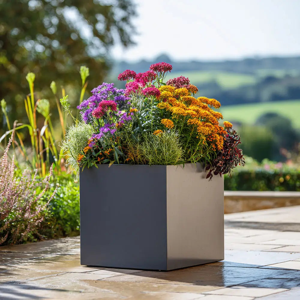 40cm Zinc Galvanised Matte Grey Square Planter – Woven Wood