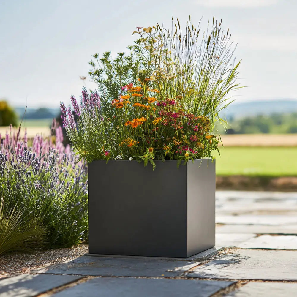 50cm Zinc Galvanised Matte Grey Square Planter – Woven Wood