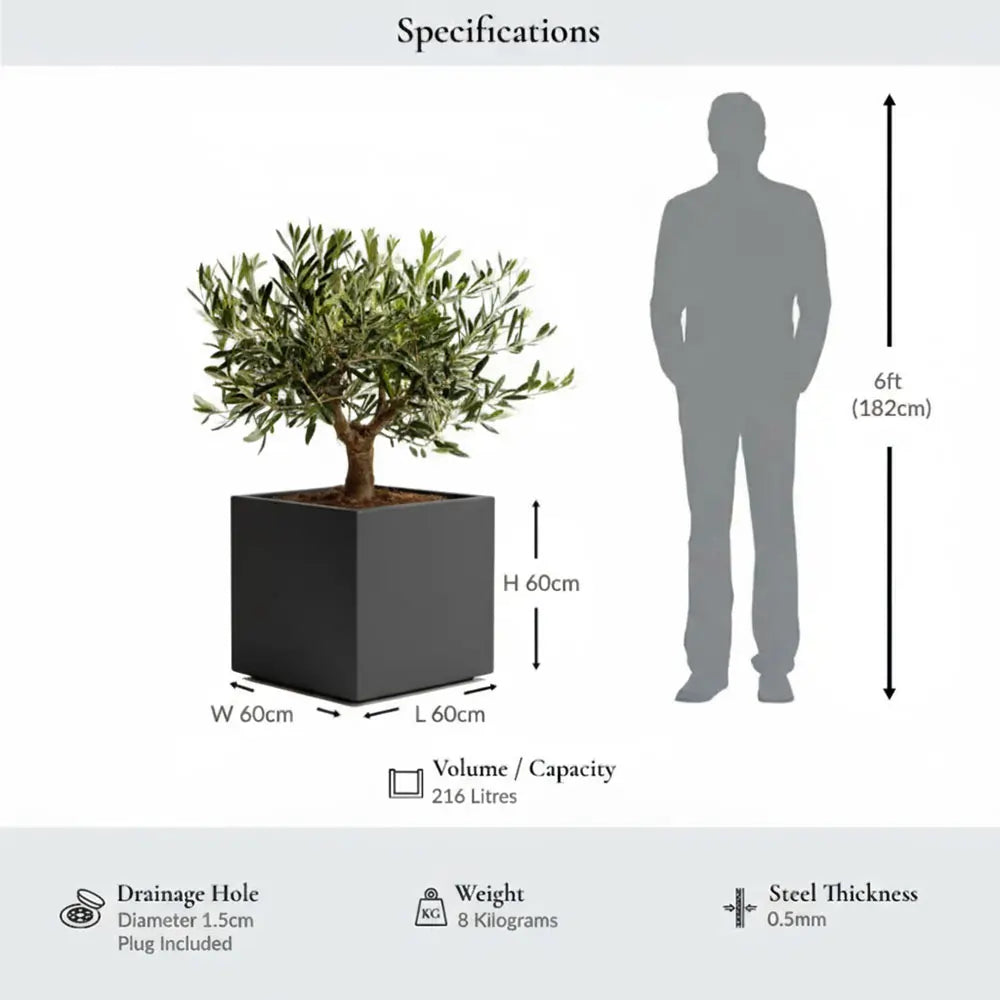 60cm Zinc Galvanised Matte Grey Square Planter – Woven Wood