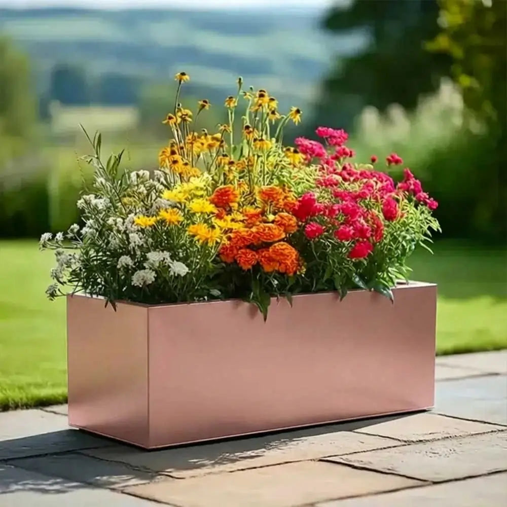 75cm Zinc Galvanised Rose Gold Finish Trough Planter – Woven Wood