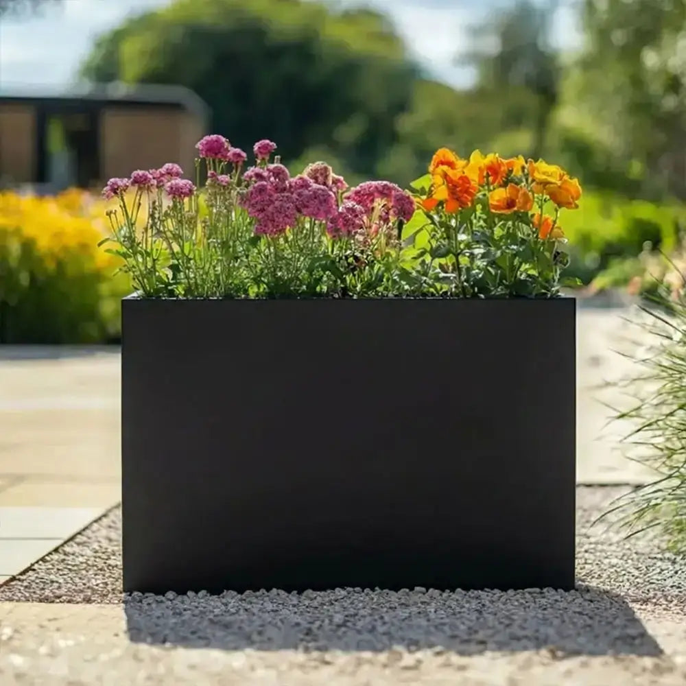 90cm Long Zinc Galvanised Matte Black 60cm Tall Trough Planter – Woven Wood