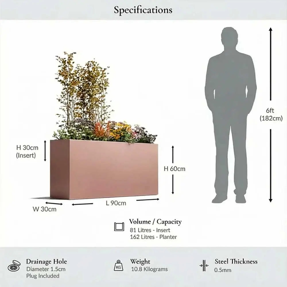 90cm Long Zinc Galvanised Rose Gold Finish 60cm Tall Trough Planter ...