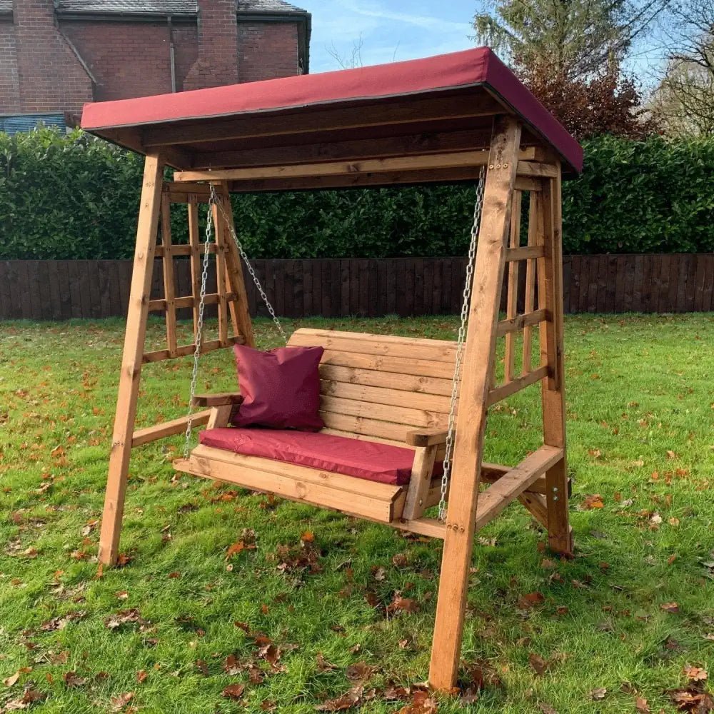 Charles Taylor Two Seat Swing with Burgundy Roof Cover – Woven Wood