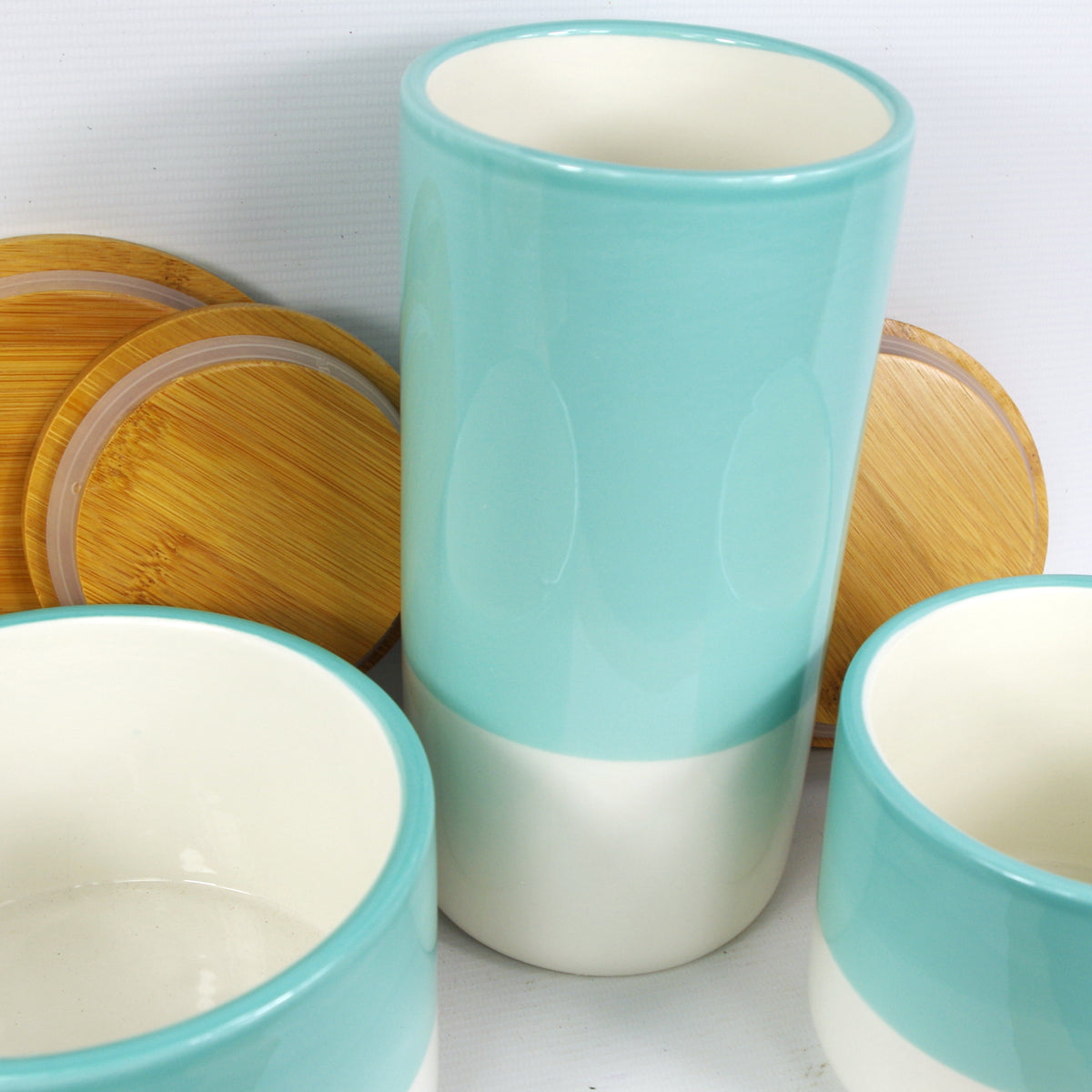 Set of Three Canisters Green Ceramic Storage Jars with Lids – Woven Wood