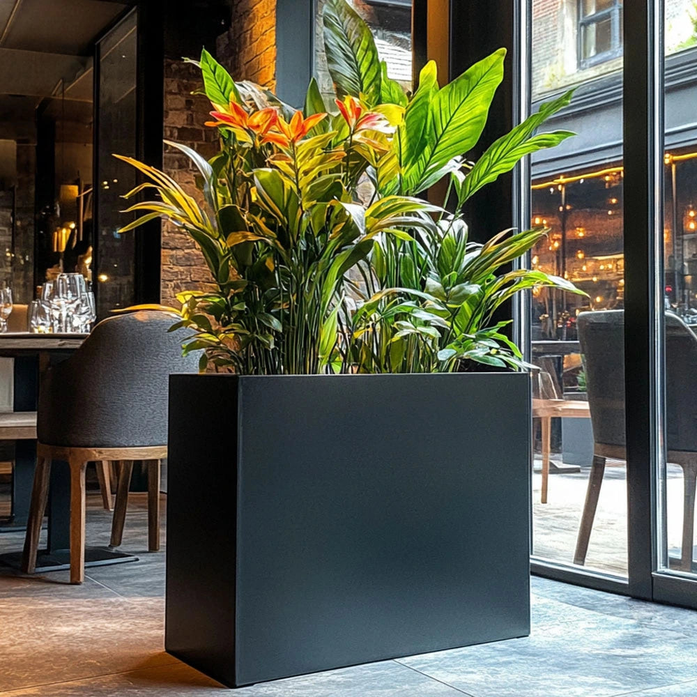 90cm Long Zinc Galvanised Matte Black 60cm Tall Trough Planter – Woven Wood