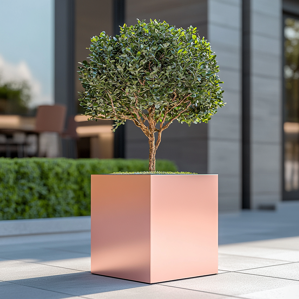 50cm Zinc Galvanised Brushed Rose Gold Finish Square Planter – Woven Wood
