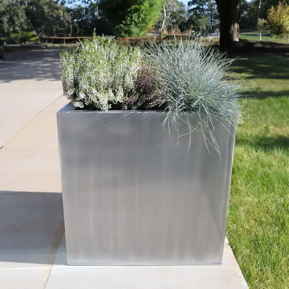 40cm Zinc Galvanised Brushed Silver Square Planter – Woven Wood