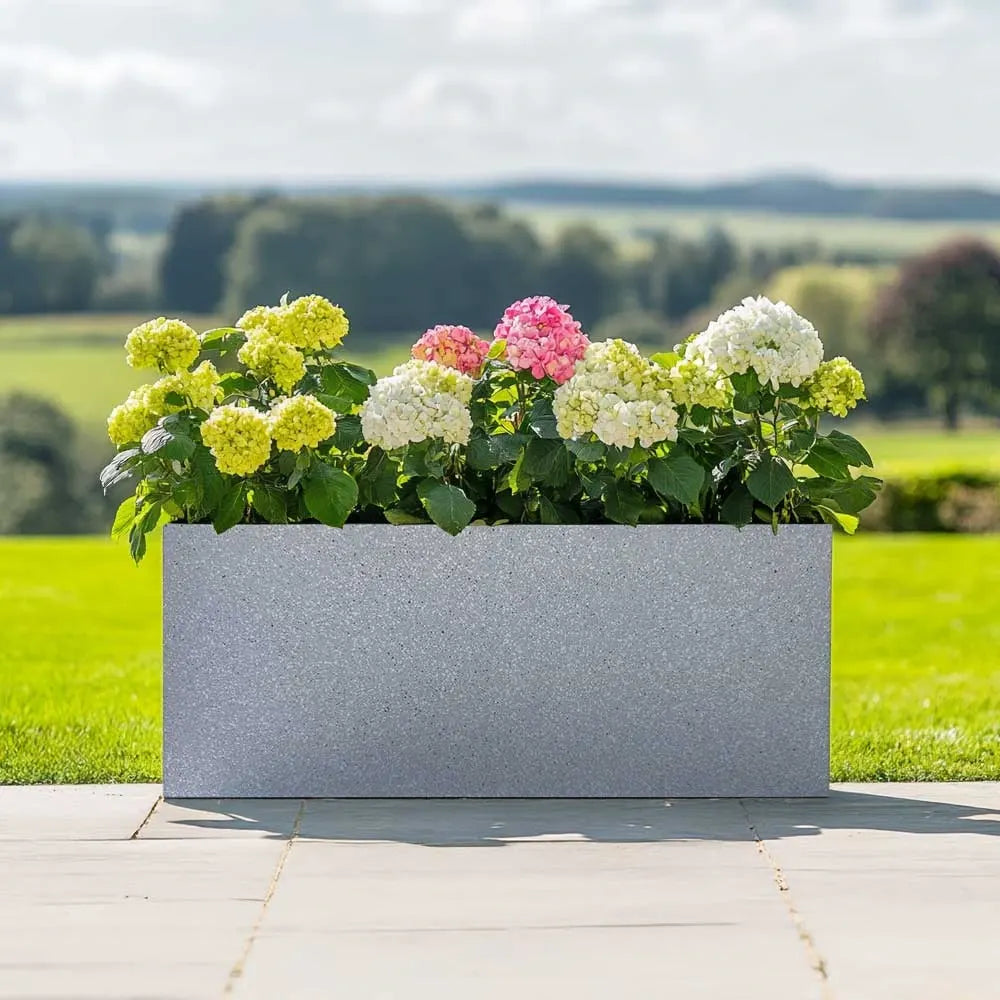 100cm Zinc Galvanised Grey Stone Textured Trough Planter – Woven Wood