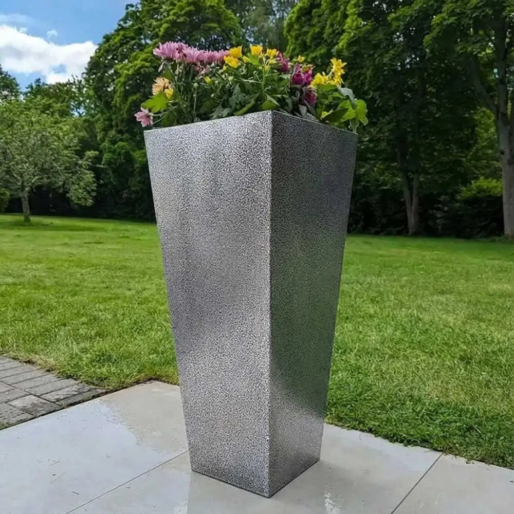 90cm Zinc Galvanised Silver & Black Textured Tall Tapered Square Plant ...