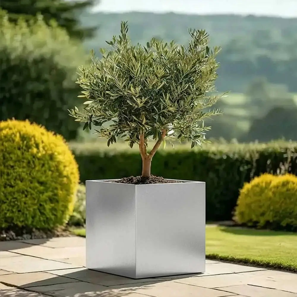 60cm Zinc Galvanised Silver Square Garden Planter – Woven Wood