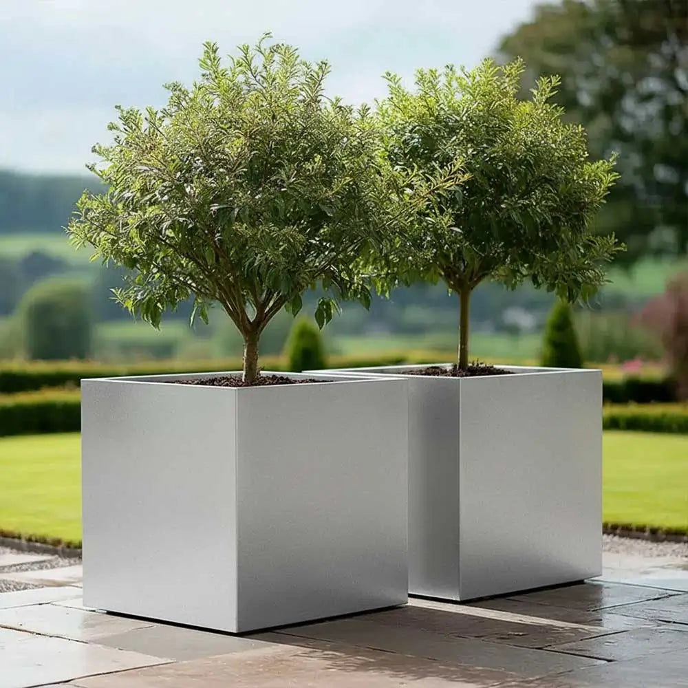 60cm Zinc Galvanised Silver Square Garden Planter – Woven Wood
