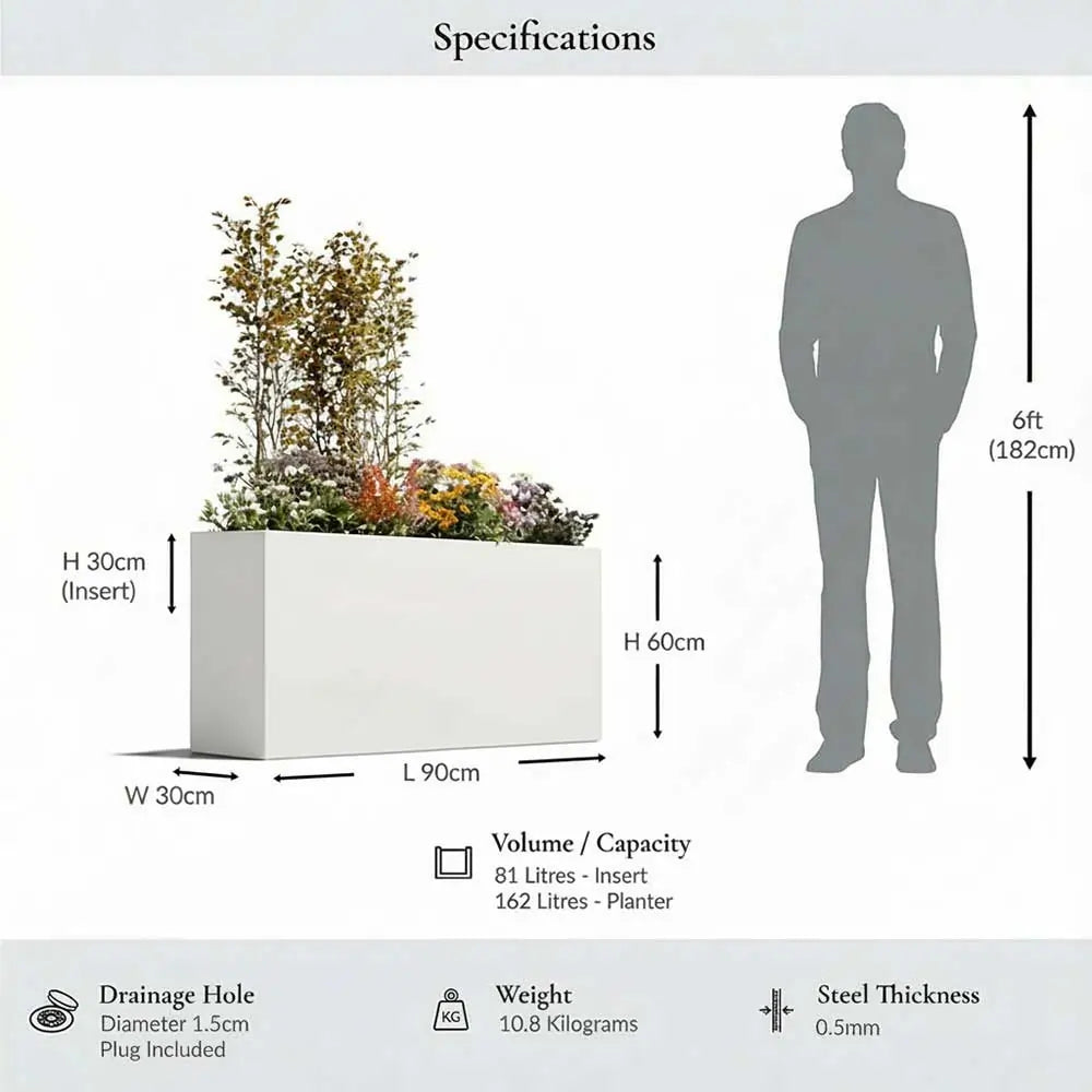 90cm Long Zinc Galvanised Matte White 60cm Tall Trough Planter – Woven Wood