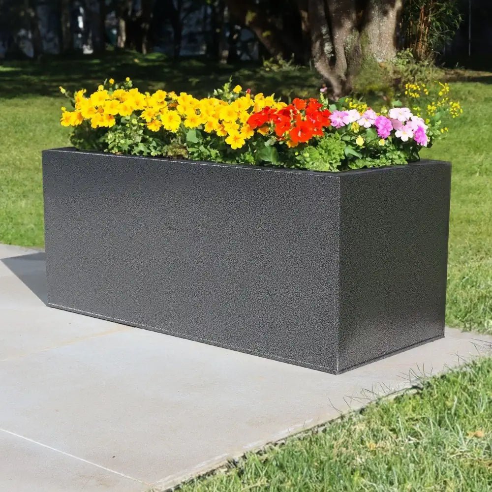 75cm Zinc Galvanised Silver & Black Textured Trough Planter – Woven Wood