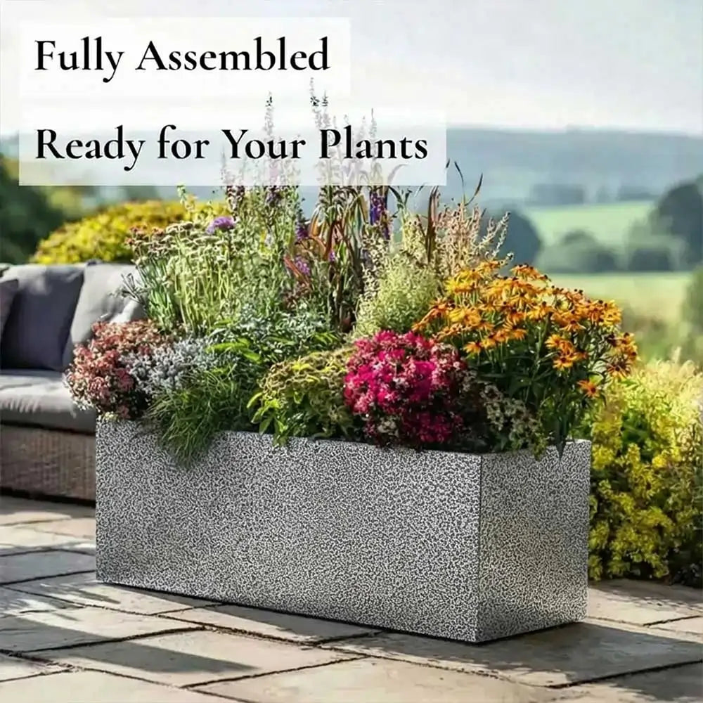 70cm Zinc Galvanised Silver & Black Textured Trough Planter – Woven Wood