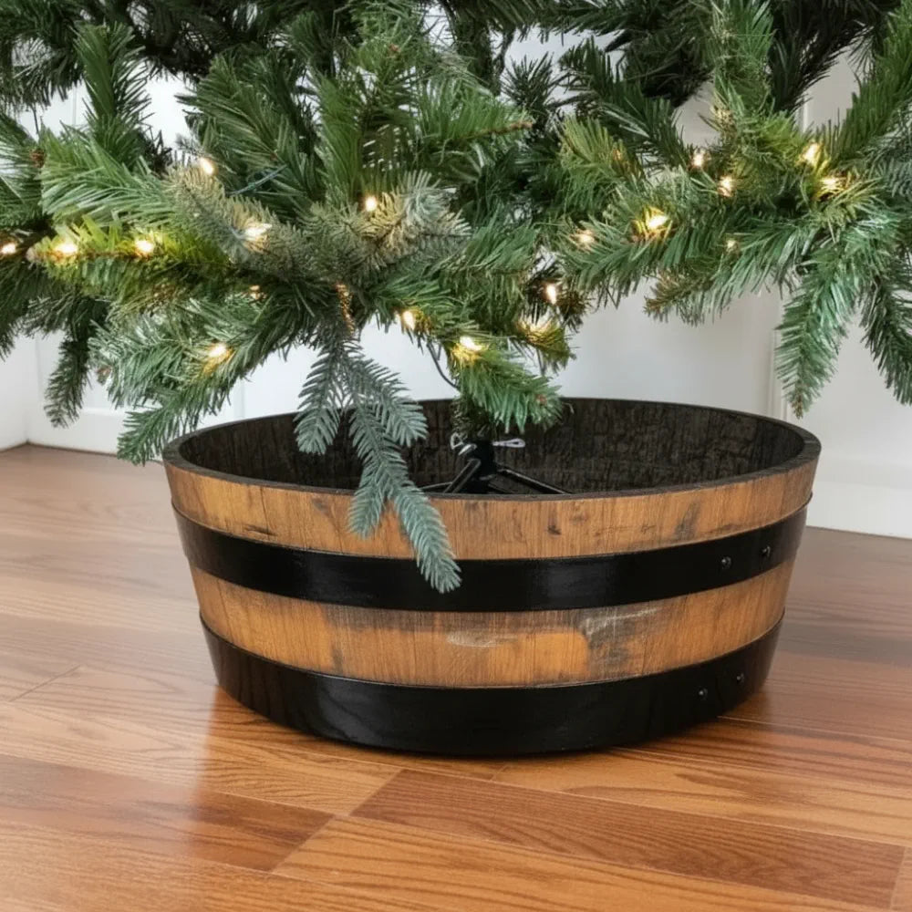 Rustic Oak Barrel Christmas Tree Stand Cover – Woven Wood