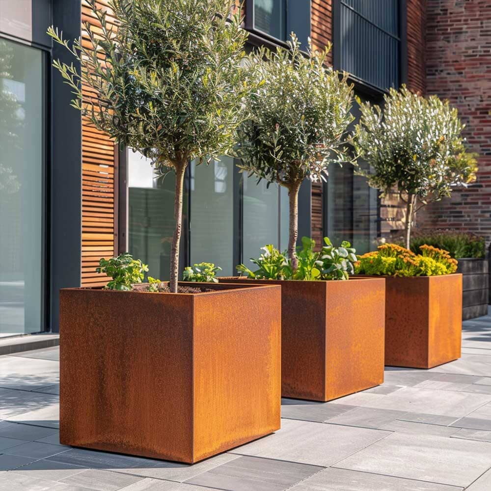 60cm Corten Steel Straight Edge Cube Planter - Pre-Rusted – Woven Wood