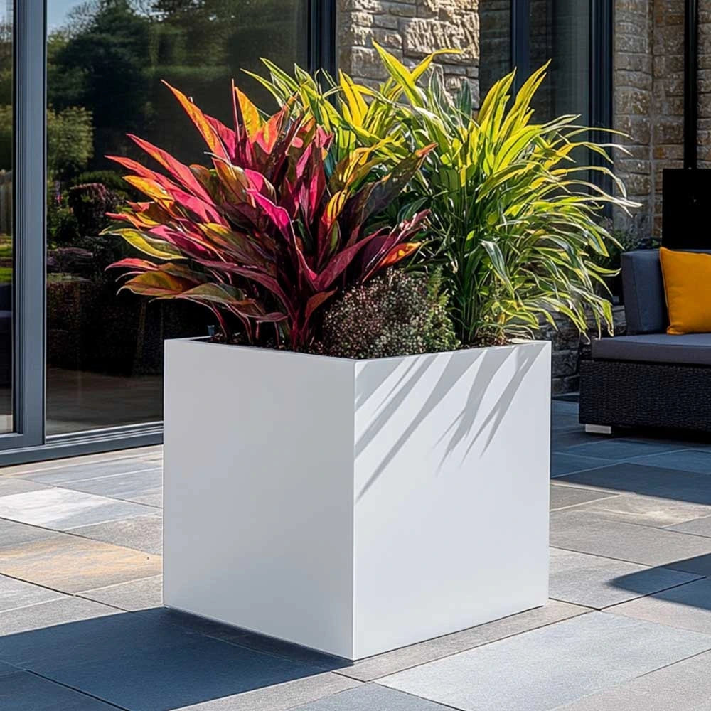60cm Zinc Galvanised Matte White Square Planter – Woven Wood