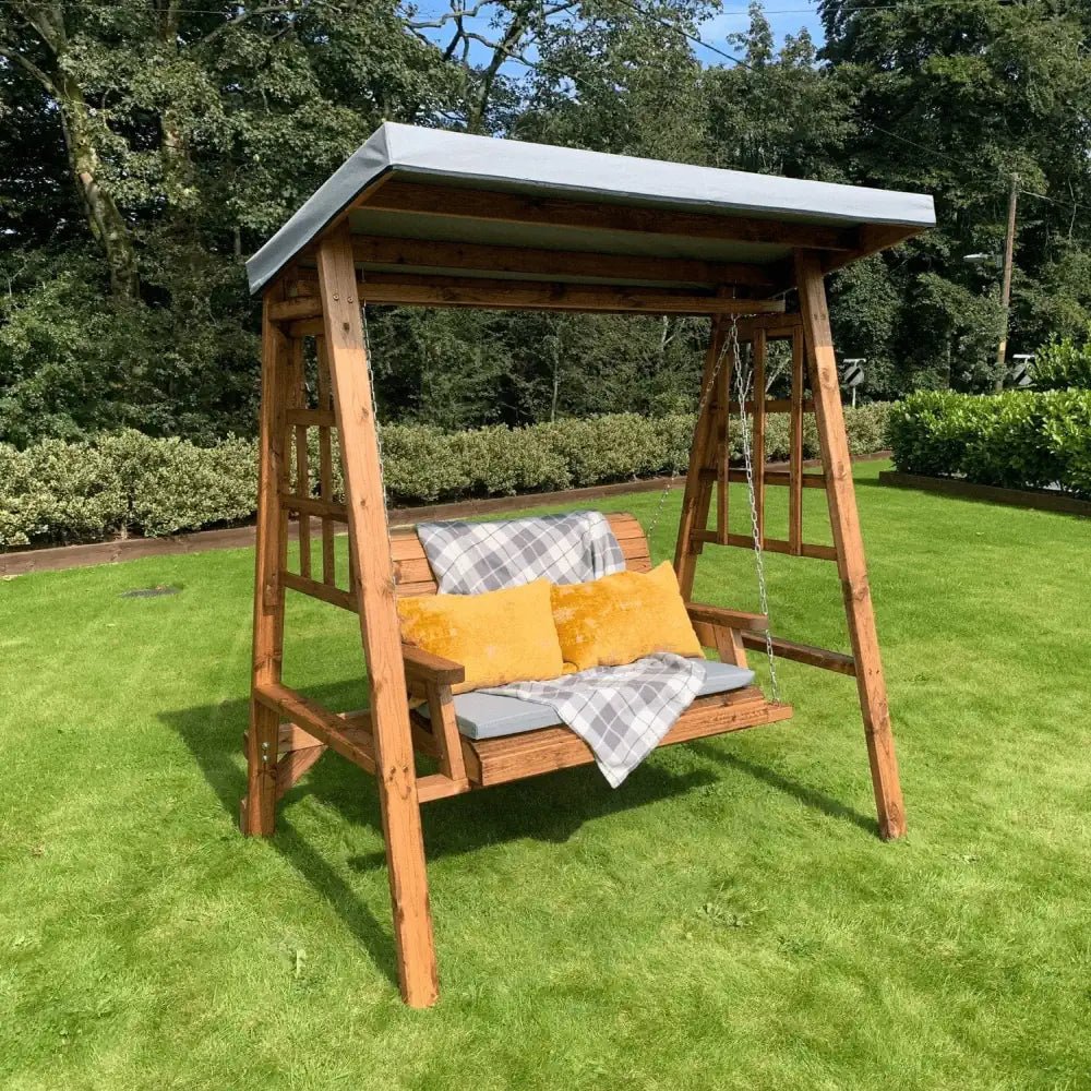 Charles Taylor Two Seat Swing with Grey Roof Cover – Woven Wood