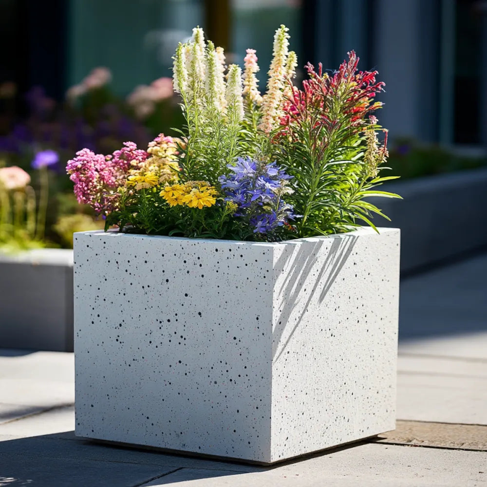 30cm Zinc Galvanised Greystone Effect Square Planter – Woven Wood