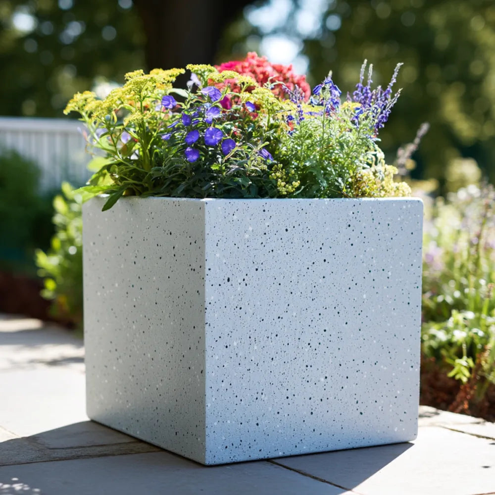 30cm Zinc Galvanised Greystone Effect Square Planter – Woven Wood