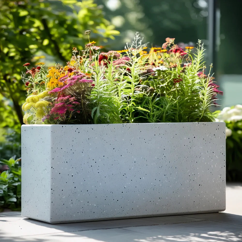 90cm Zinc Galvanised Greystone Effect 60cm Tall Trough Planter – Woven Wood