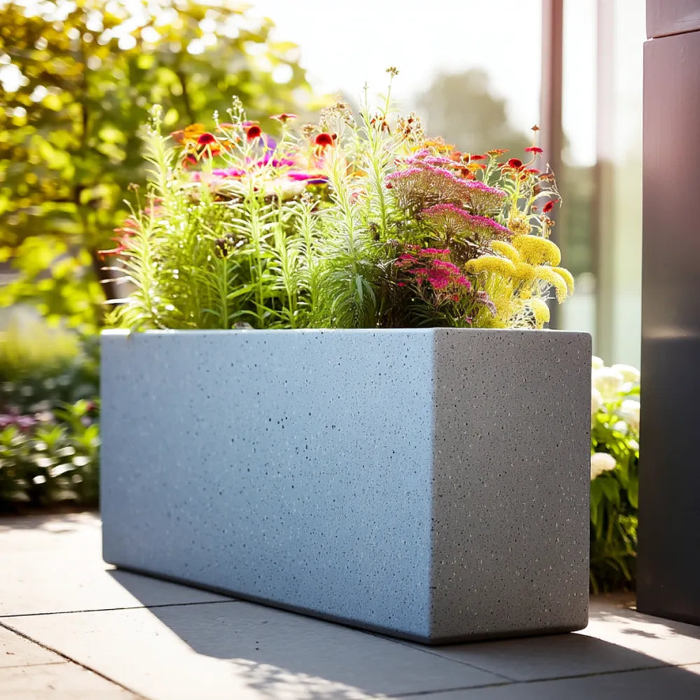 90cm Zinc Galvanised Greystone Effect 60cm Tall Trough Planter – Woven Wood