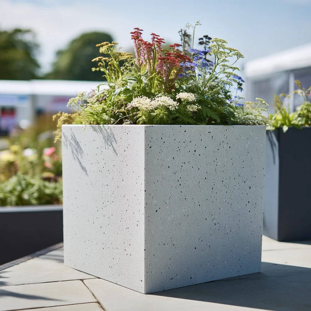 60cm Zinc Galvanised Greystone Effect Square Planter – Woven Wood