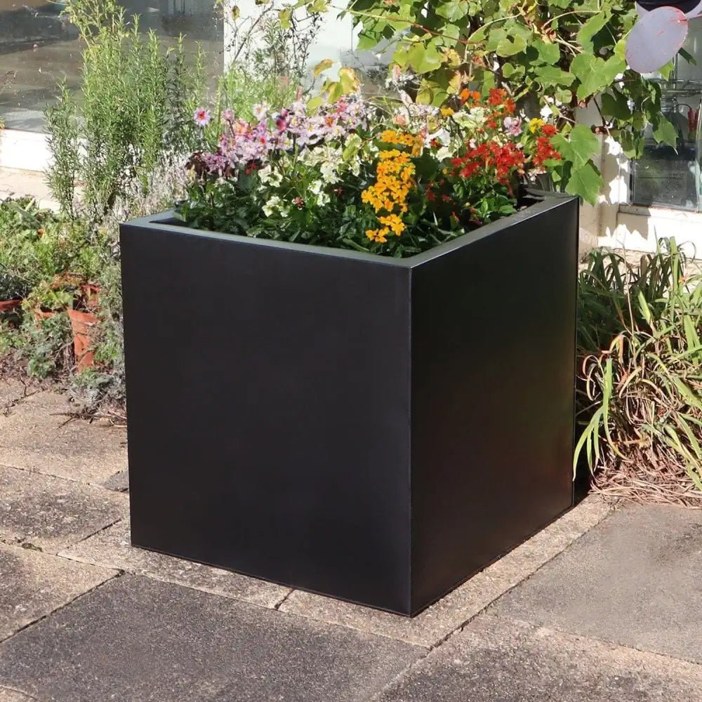 60cm Zinc Galvanised Matte Black Square Planter – Woven Wood