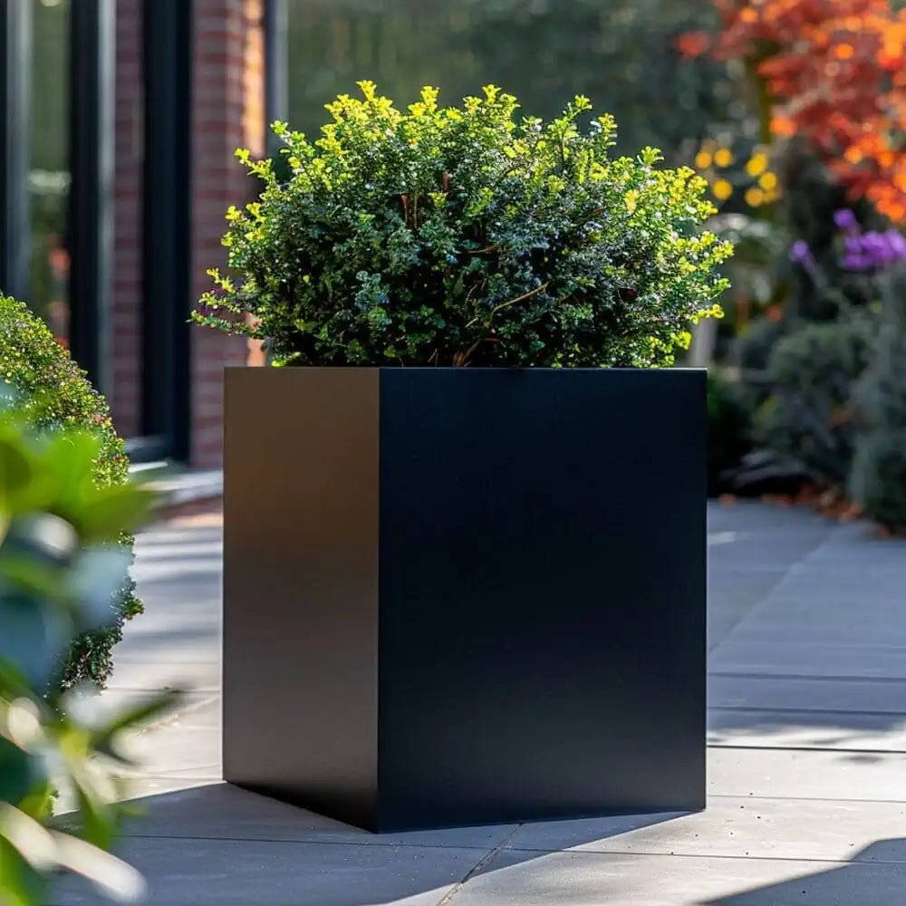 30cm Zinc Galvanised Matte Black Square Planter – Woven Wood