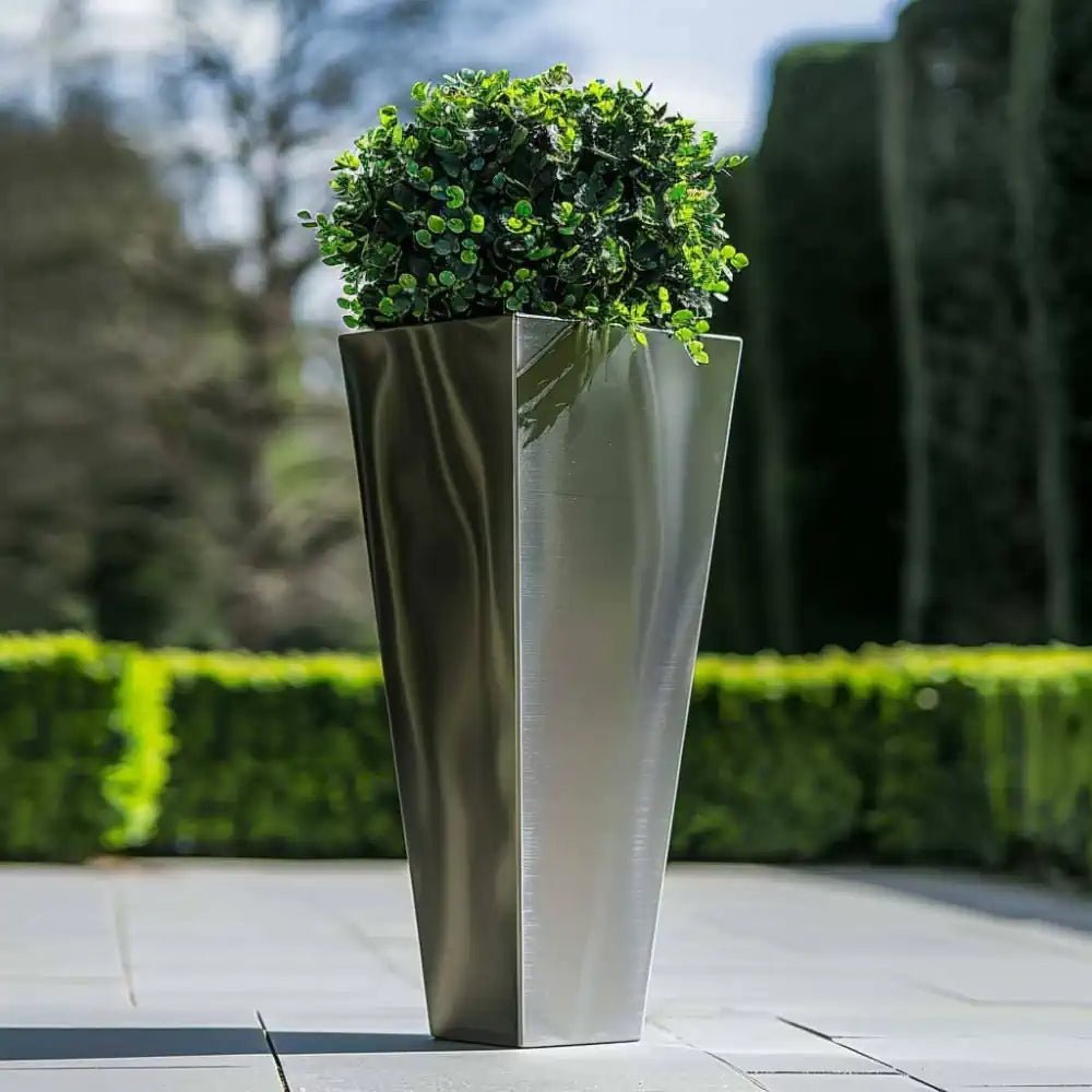 70cm Zinc Galvanised Silver Tall Tapered Square Planter – Woven Wood