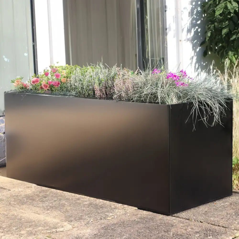 100cm Zinc Galvanised Matte Black Trough Planter – Woven Wood