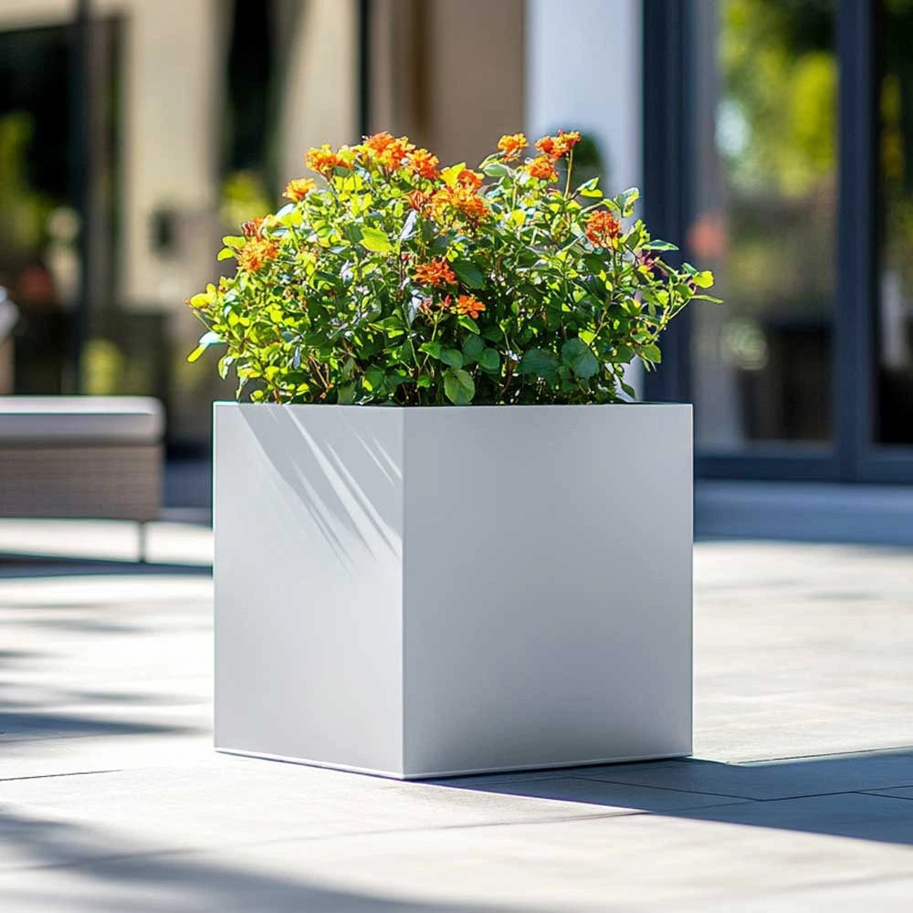 40cm Zinc Galvanised Matte White Square Planter – Woven Wood