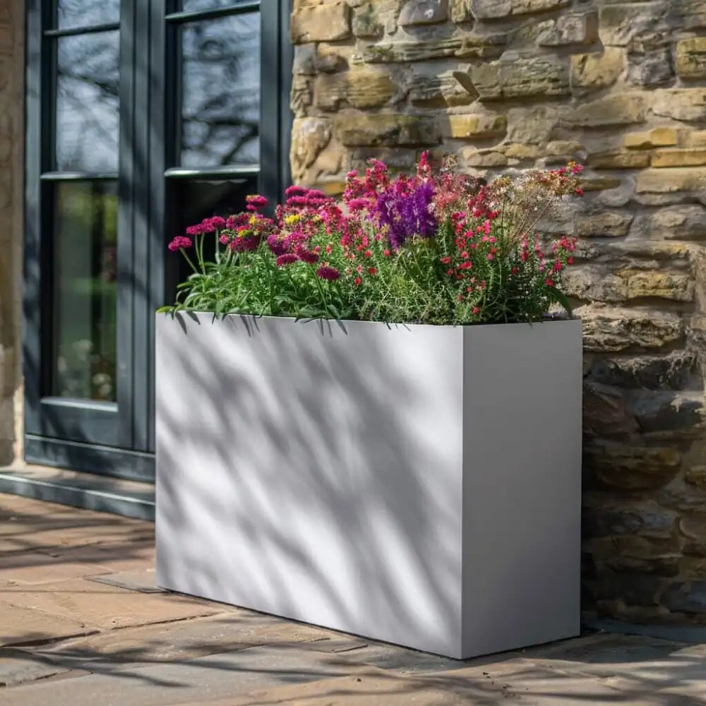 90cm Long Zinc Matte White 60cm Tall Trough Planter – Woven Wood