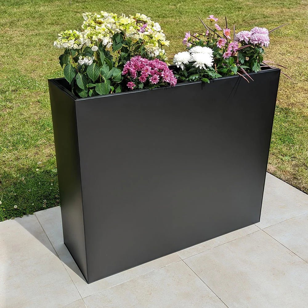 100cm Long Zinc Matte Black 80cm Tall Trough Planter – Woven Wood