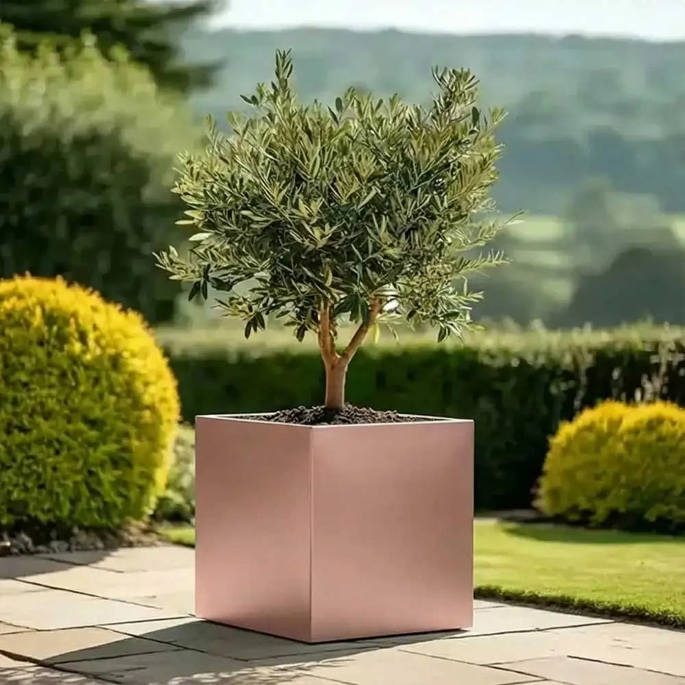 60cm Zinc Galvanised Brushed Rose Gold Finish Square Planter – Woven Wood
