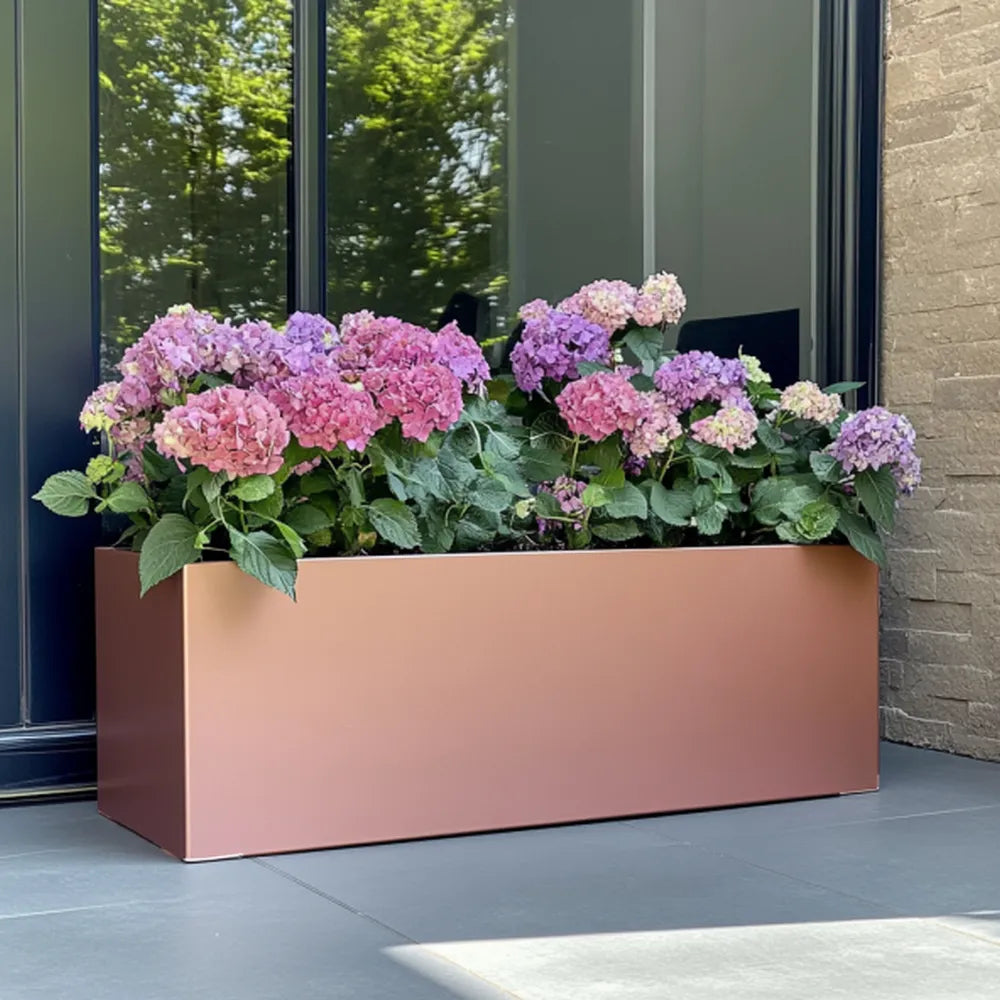 100cm Zinc Galvanised Rose Gold Trough Planter – Woven Wood