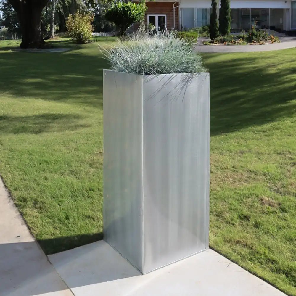 75cm Zinc Galvanised Brushed Silver Tall Square Planter – Woven Wood