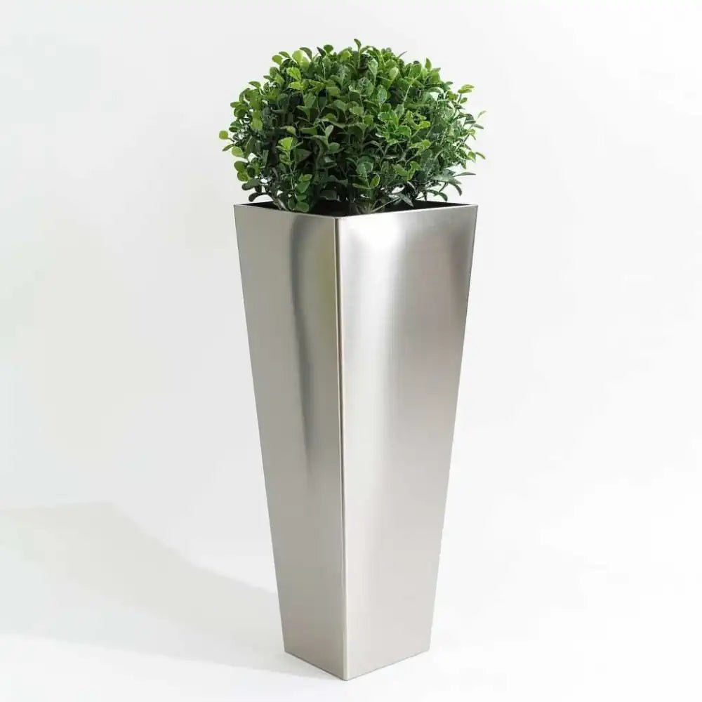 90cm Zinc Galvanised Silver Tall Tapered Square Planter – Woven Wood