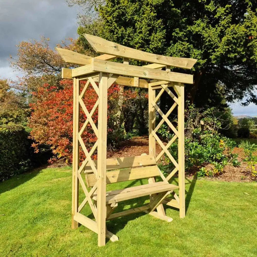 Four Foot Wide Tokyo Garden Arch with Aschombe Wooden Bench – Woven Wood