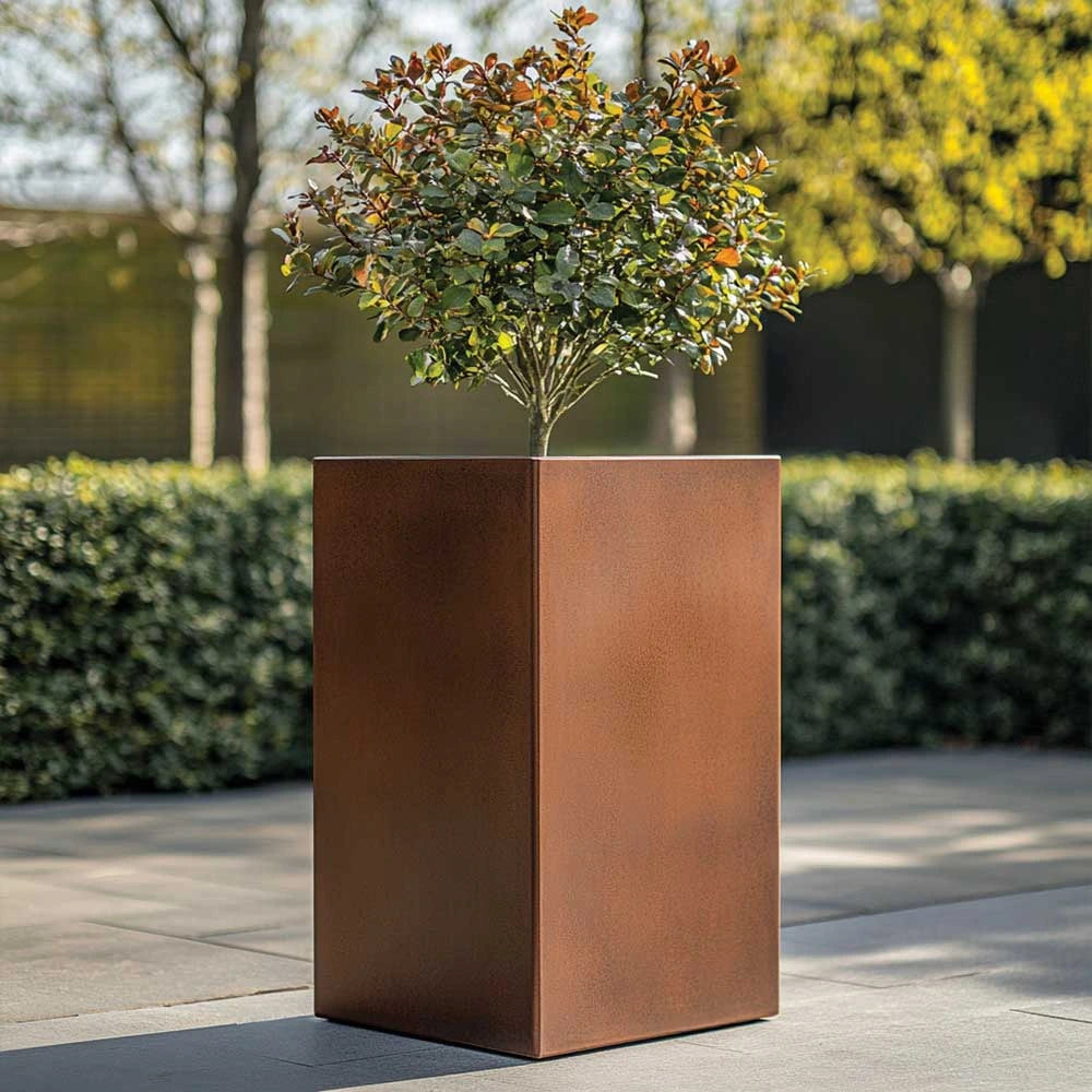 50cm Zinc Galvanised Copper Tall Square Planter – Woven Wood