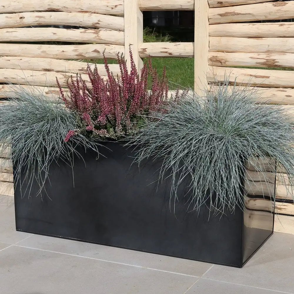 120cm Zinc Galvanised Polished Black Trough Planter – Woven Wood