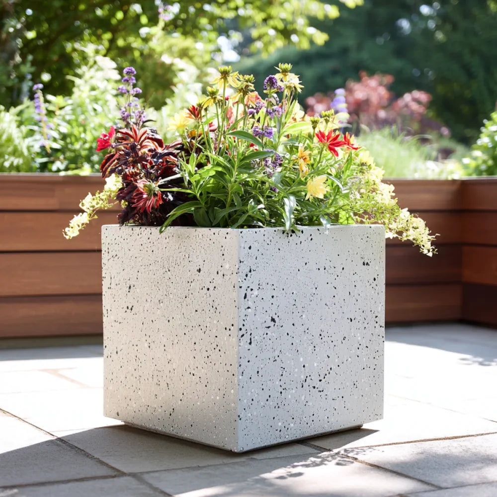 30cm Zinc Galvanised Whitestone Effect Square Planter – Woven Wood