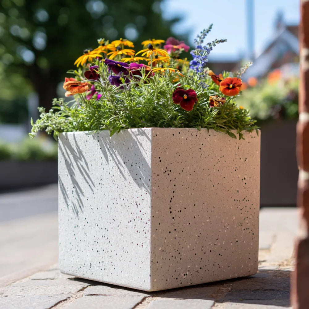 40cm Zinc Galvanised Whitestone Effect Square Planter – Woven Wood