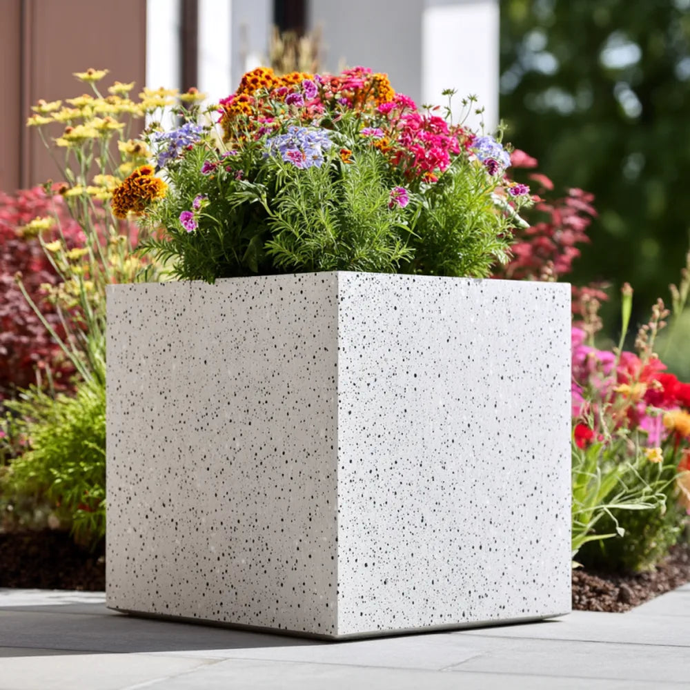 40cm Zinc Galvanised Whitestone Effect Square Planter – Woven Wood