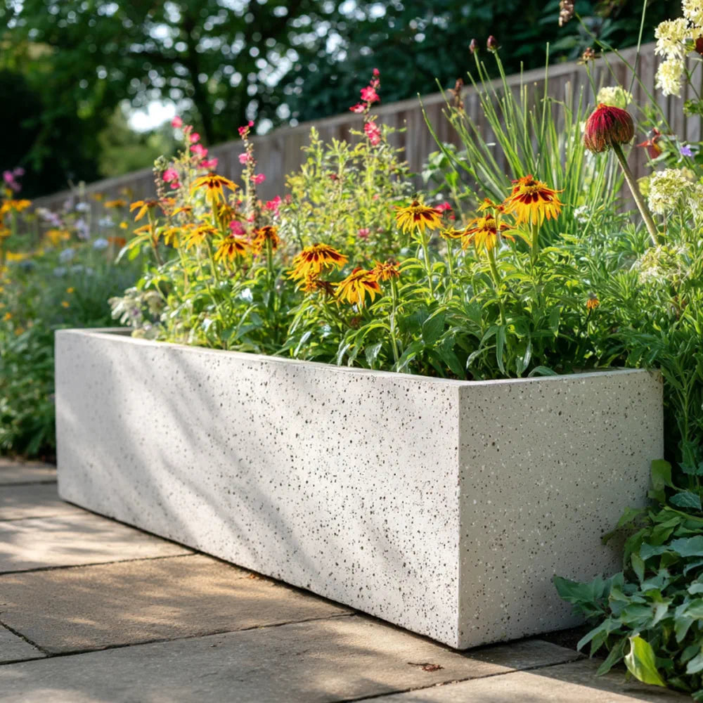 120cm Zinc Galvanised Whitestone Effect Trough Planter – Woven Wood